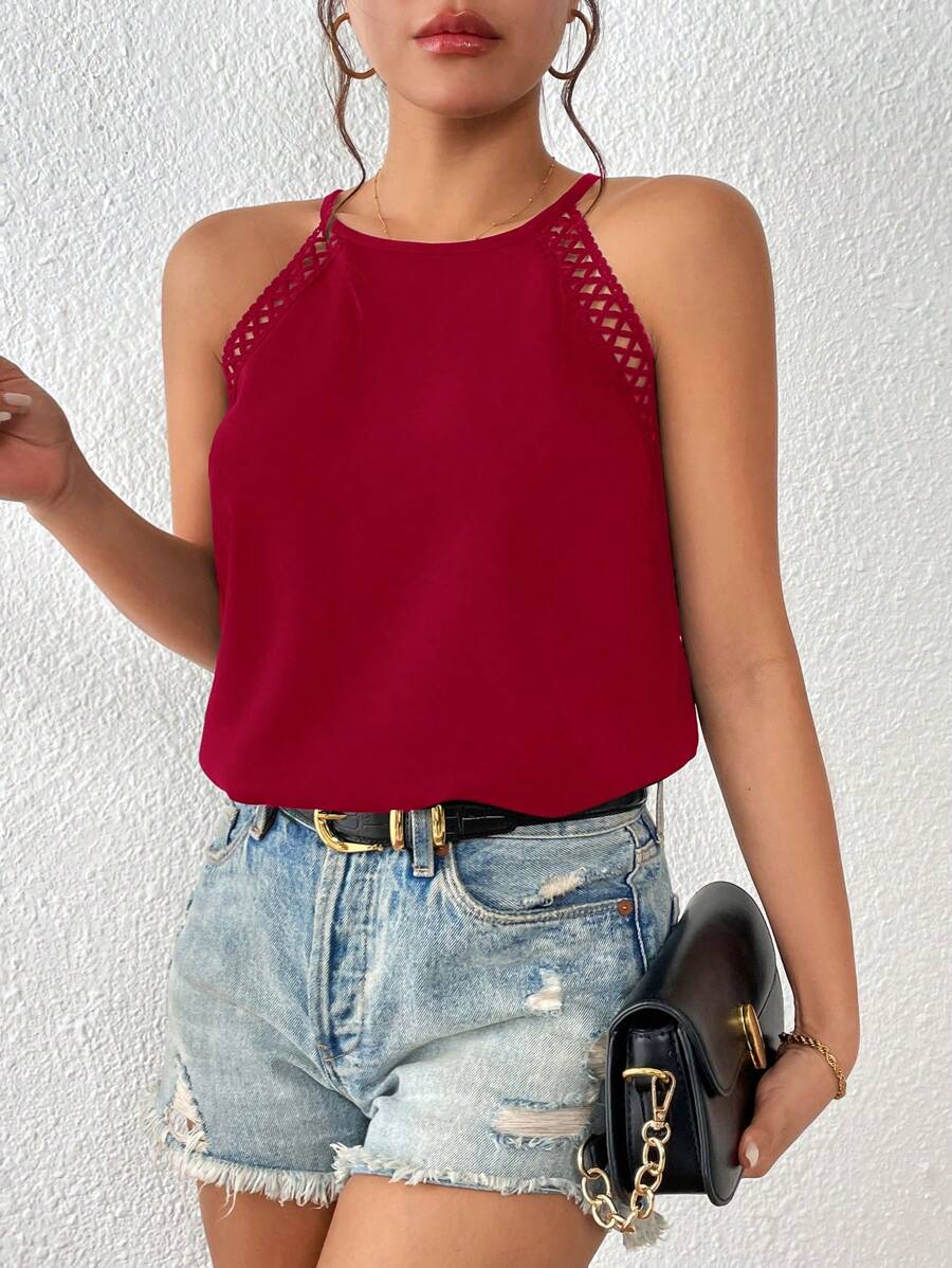 Frenchy Top Halter De Espalda Abierta Con Cordón Con Encaje En